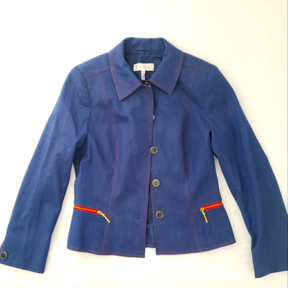 Escada Denim Blue Red Stich Gold Logo Hardware Blazer… - Gem